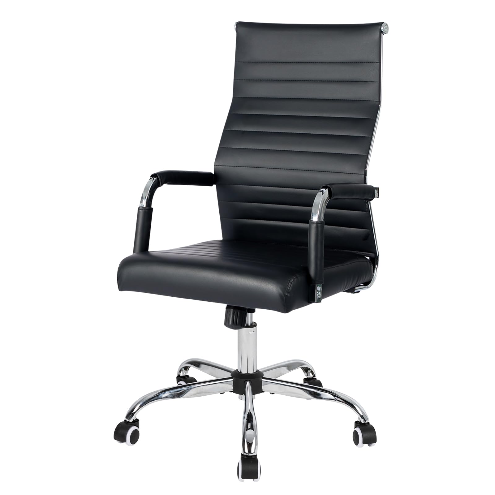 LUCKWIND Office Desk Chair, Executive Ribbed Task Chair, High-Back Leather Conference Ergonomic Chair, Swivel Arm Chair, Height Adjustable & Tilt Rocker (Black)