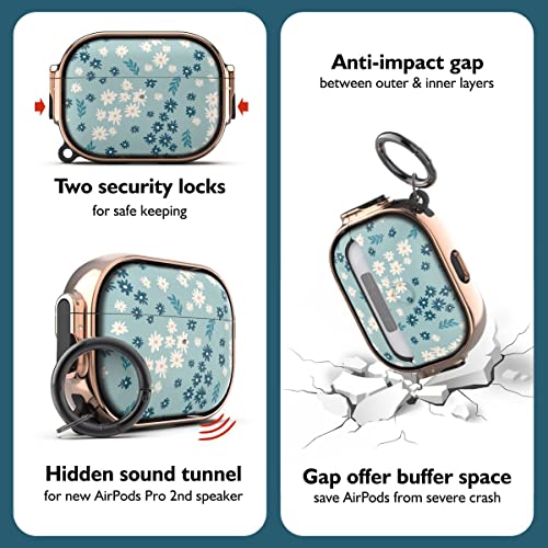 TATOFY case for AirPods Pro 2, AirPods Pro, Lock AirPod Pro 2 Case for Women, Flora Hard case with Carabiner, Support Wireless Charging, LED Visible (Cyan)