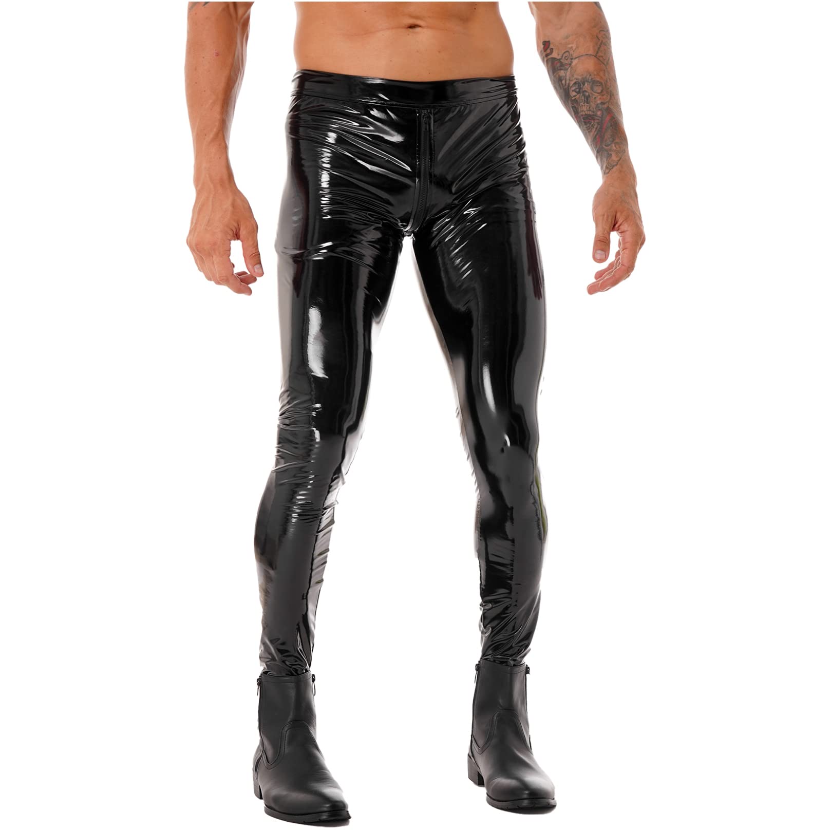 MSemis Men's Faux Leather Pants Punk 80's Rock Skinny Leggings Tight Gothic Motorcycle Biker Pants Type D X-Large