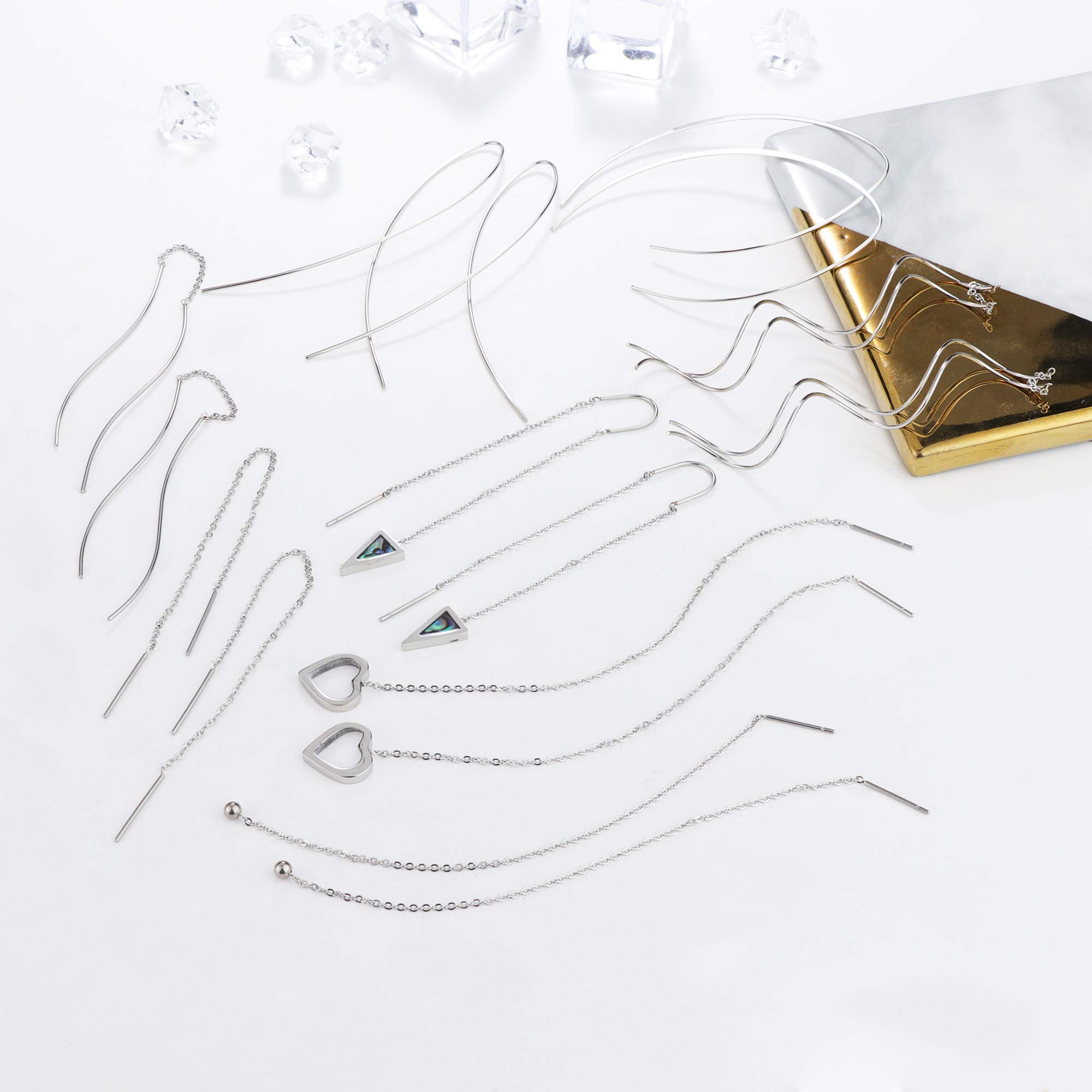 Jstyle 8Pairs Stainless Steel Curved Threader Earrings for Women Drop Dangle Tassel Chain Earrings Set Lightweight Silver Tone