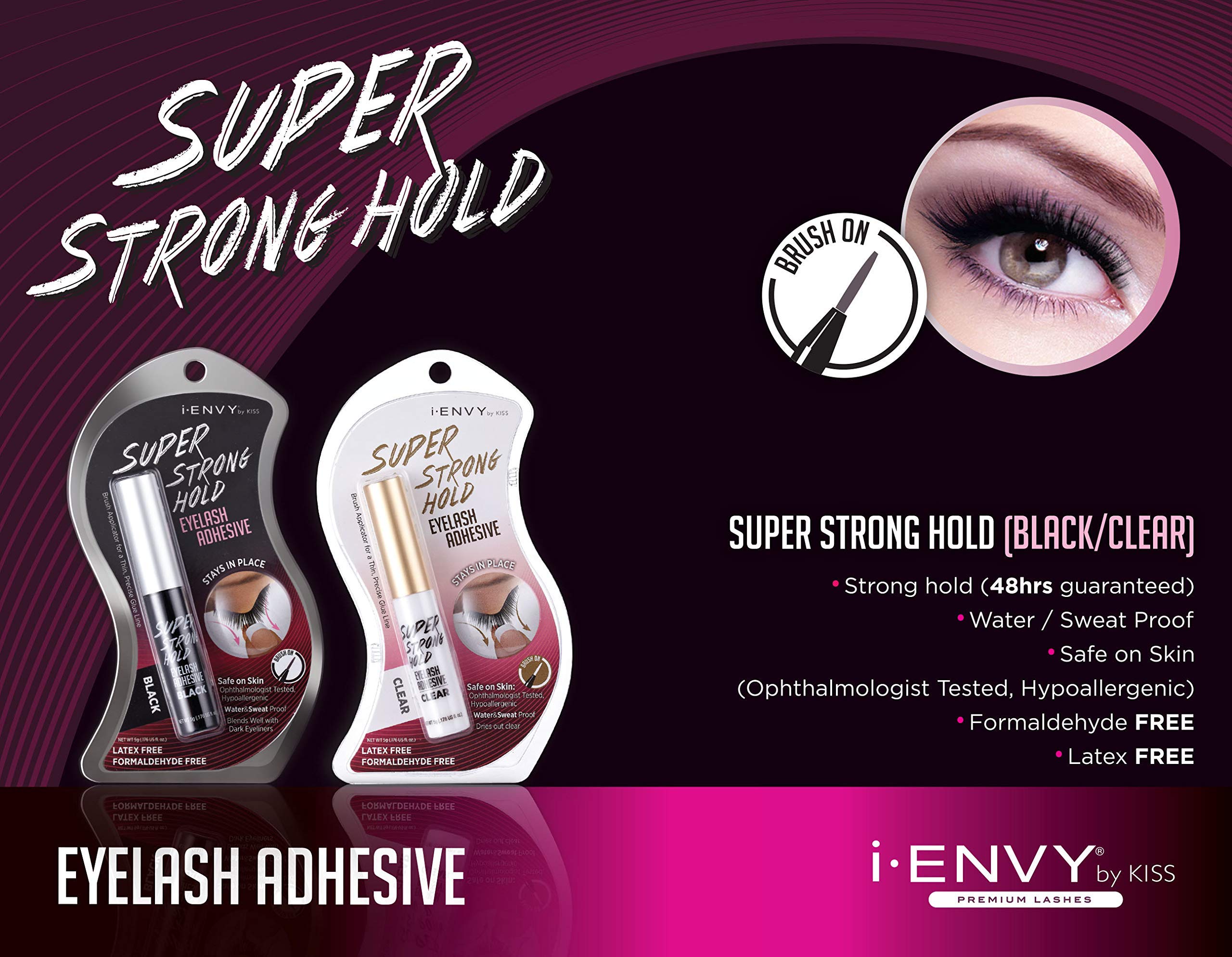 i-Envy by KISS Super Strong Hold Eyelash Adhesive, Waterproof Long-Lasting Strip Lash Glue, Natural-Looking Allergy & Latex Free with Brush Applicator (Clear&Black, Combo Pack)