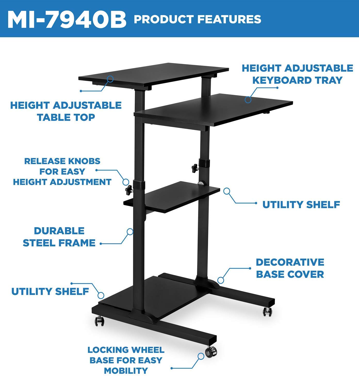 Mount-It! Mobile Standing Desk, Height Adjustable Computer Work Station Bundled with Single Monitor Arm Mount | Heavy Duty Stable Full Motion Height Adjustable | Fits 19-32 Inch Screen