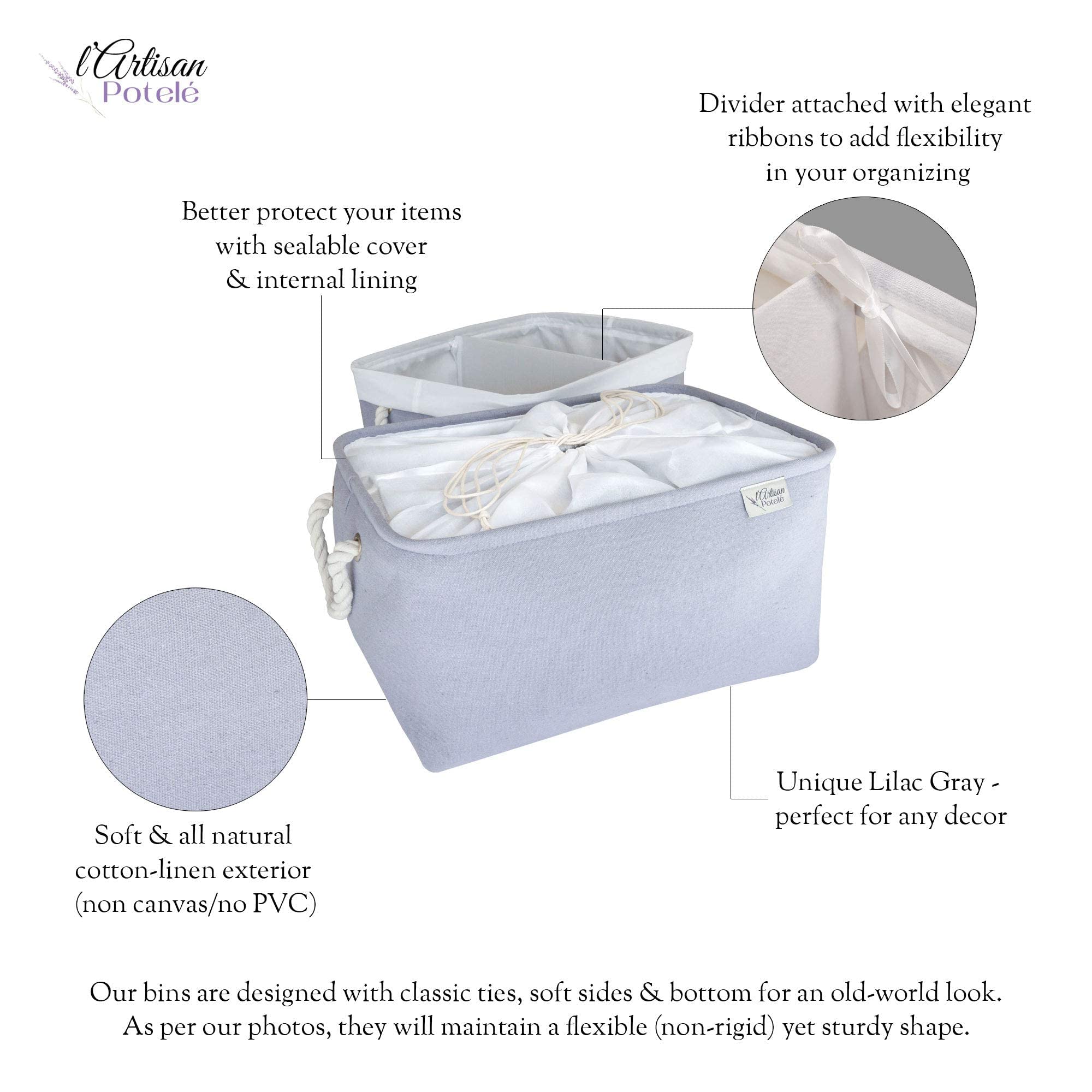 l'Artisan Potelé Storage Basket (2 Set) Lavender Storage Bins / Storage Baskets with Covers (16"x12"x8.5") Attachable Dividers| Decorative Storage Bins, Empty Gift Basket or Dog Toy Baskets