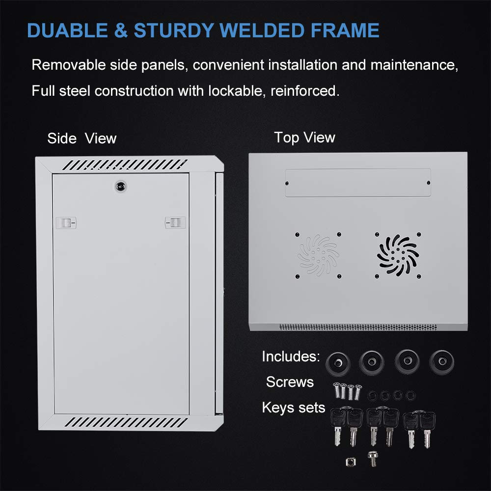 KENUCO [Fully Assembled] Deluxe IT Wall Mount Cabinet | Server Rack | Data Network Enclosure 19-Inch Server Network Rack with Locking Tempered Glass Door (White 06U)
