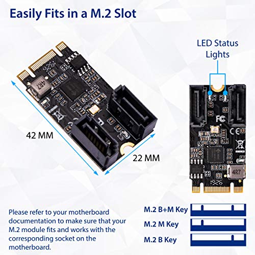 I/O CREST M.2 22x42 to SATA III 2 Ports Adapter Card (Jmicro Chipset), Add Two SATA 3.0 Devices to Any M.2 2242 Slot