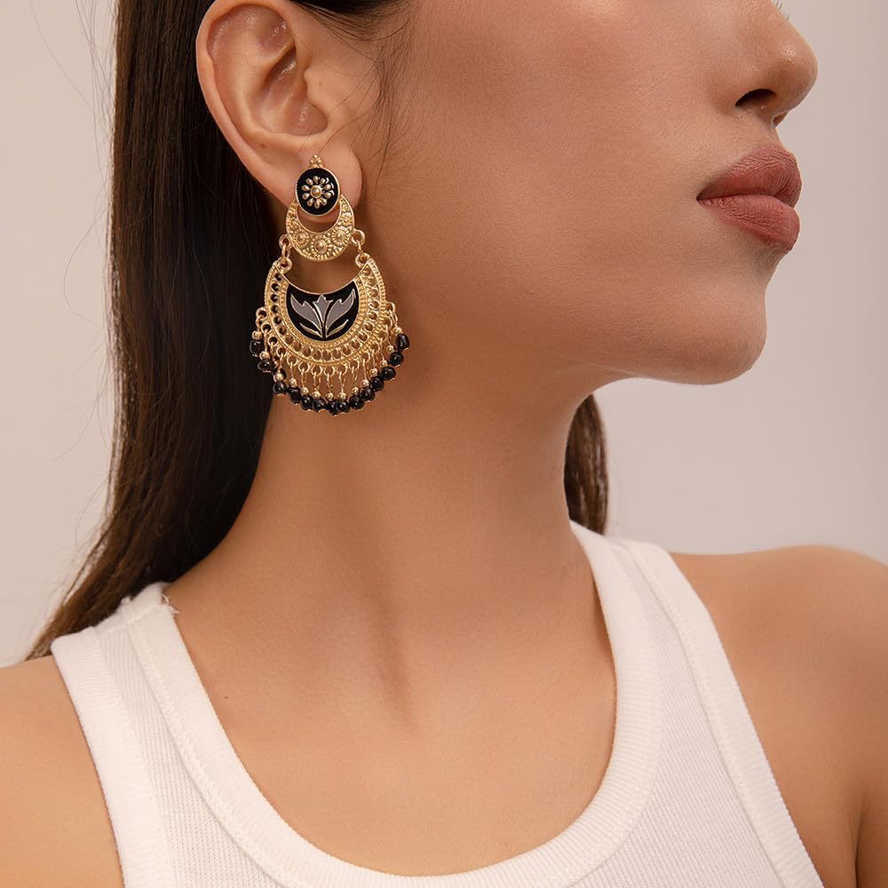 Kenjudess Vintage Turquoise Beaded Tassel Chandelier Earrings Retro Gold Ethnic Long Moon Drop Dangle Hook Earrings Exotic Indian Belly Dance Accessories for Women (Black B)