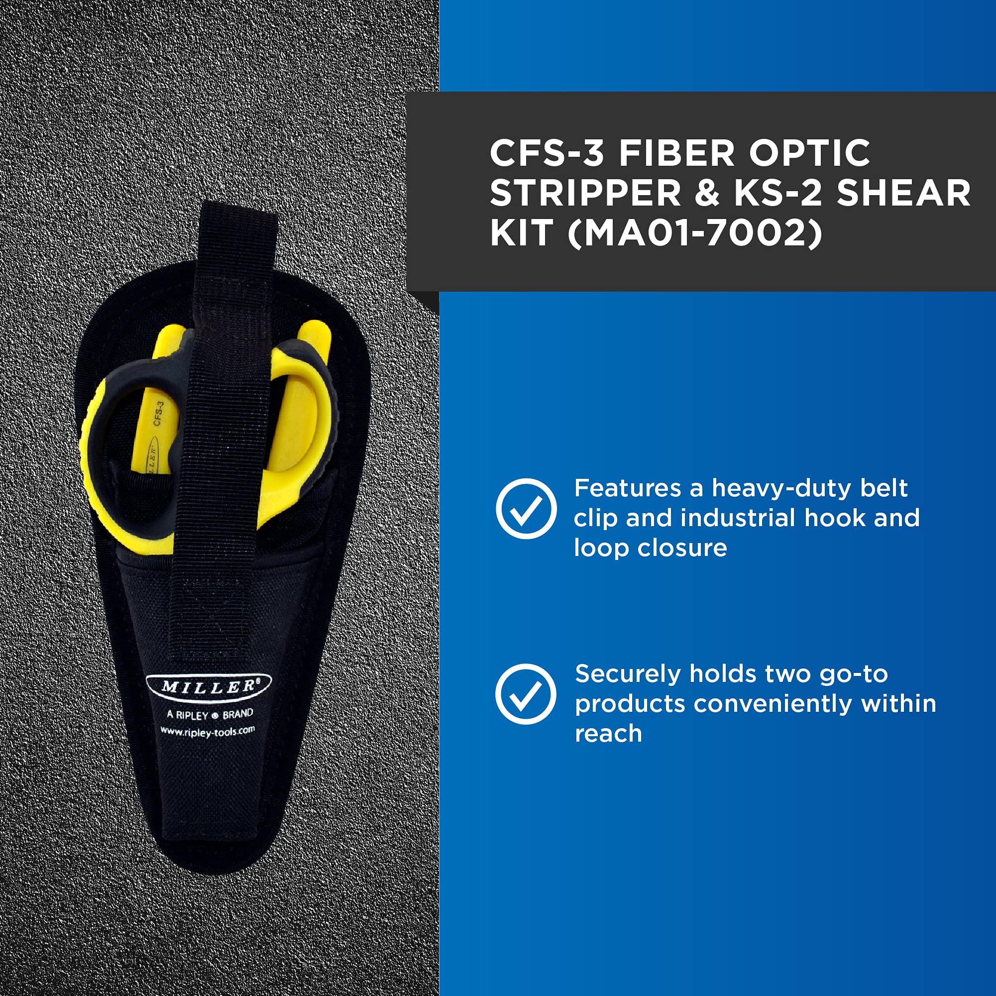 Miller MA01-7002 Kit, CFS-3 3-Hole Fiber Optic Cable Stripping Tool and KS-2 Kevlar Scissors, Easily Portable Tool Set with Belt Clip Pouch for Professional Electricians, Technicians, and Installers