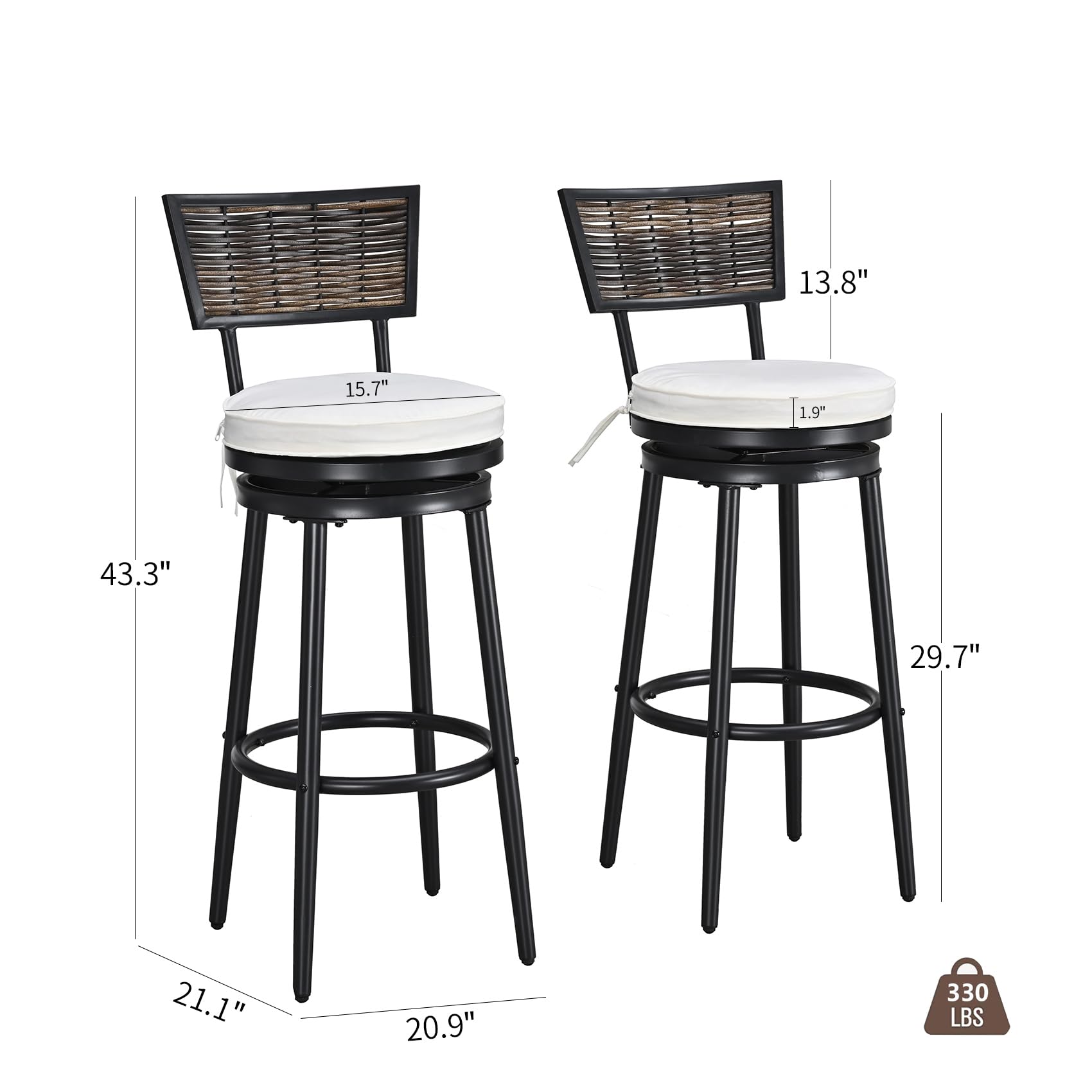 TOP HOME SPACE Patio Bar Stools Outdoor Swivel Bar Height Stool Chairs with Rattan Back Cushion for Deck Porch Backyard, Set of 6