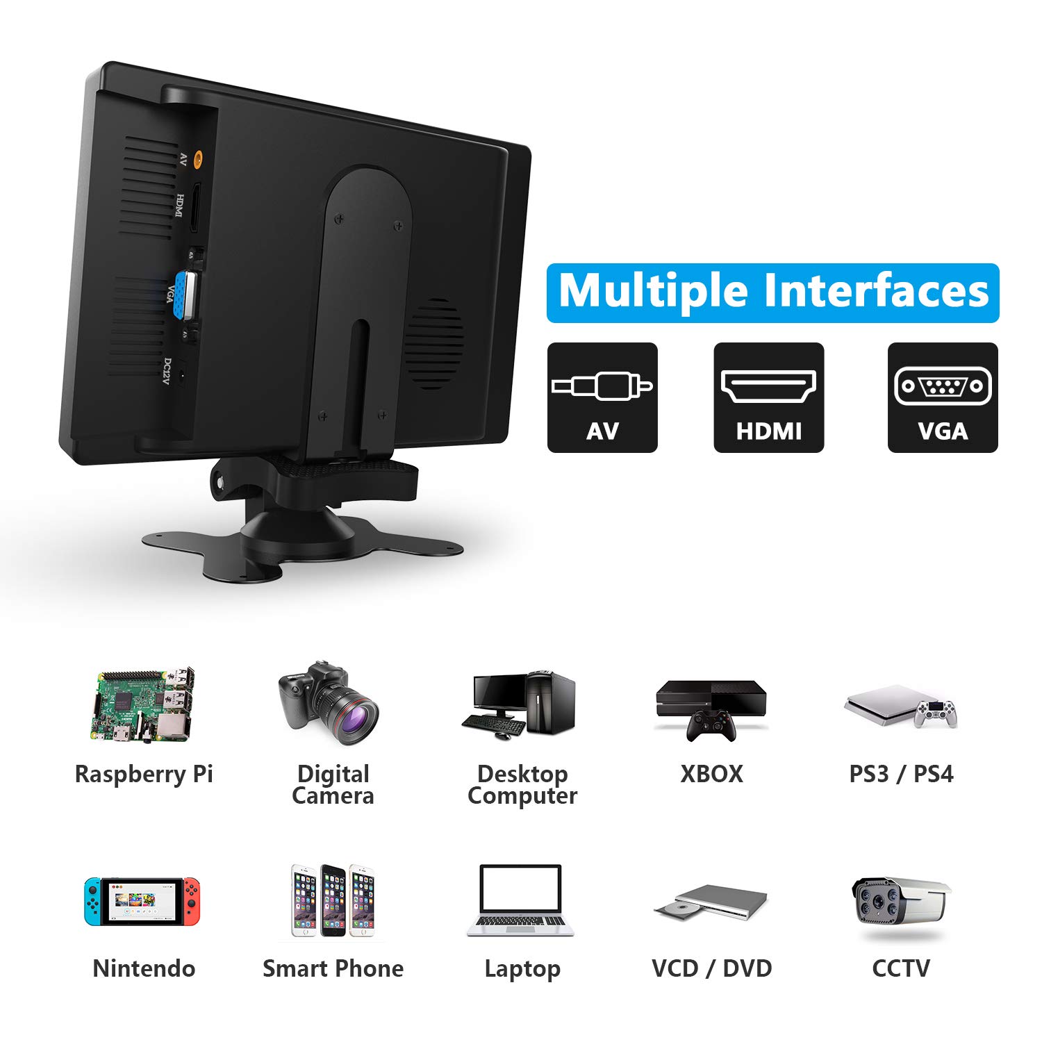 kuman 7 Inch Monitor HD Display 1024x600 IPS Screen for Raspberry Pi 4 B 3 2B B 1 B+ A+ with HDMI VGA Input, Built in Speaker for DVD VCR Car Remote SC7J, Black (SC7J-US)