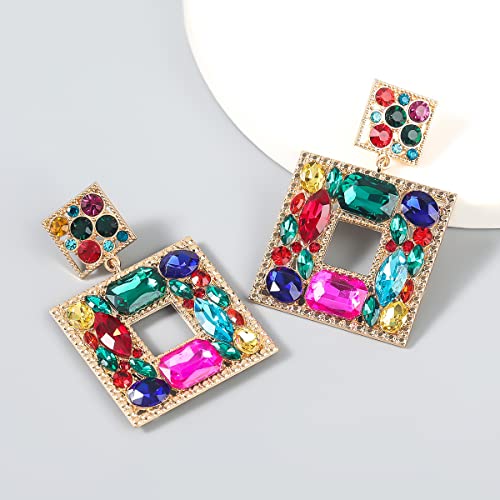 Mlouye Square Rhinestone Dangle Earrings For Women, Sparkly Crystal Geometric Drop Statement Chandelier Earrings Gold Tone Multicolor