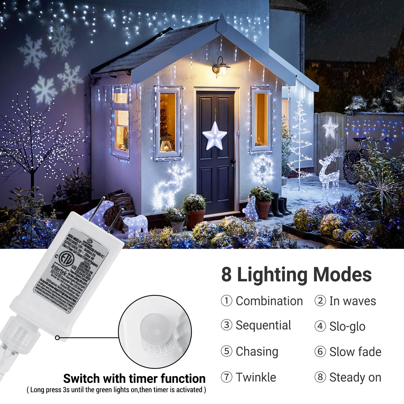Joomer Christmas Icicle Lights,300 LED 29ft 8 Modes with 60 Drops,Christmas Lights with Timer,Waterproof Connectable Outdoor String Lights for Holiday,Wedding,Party Christmas Decorations(White)