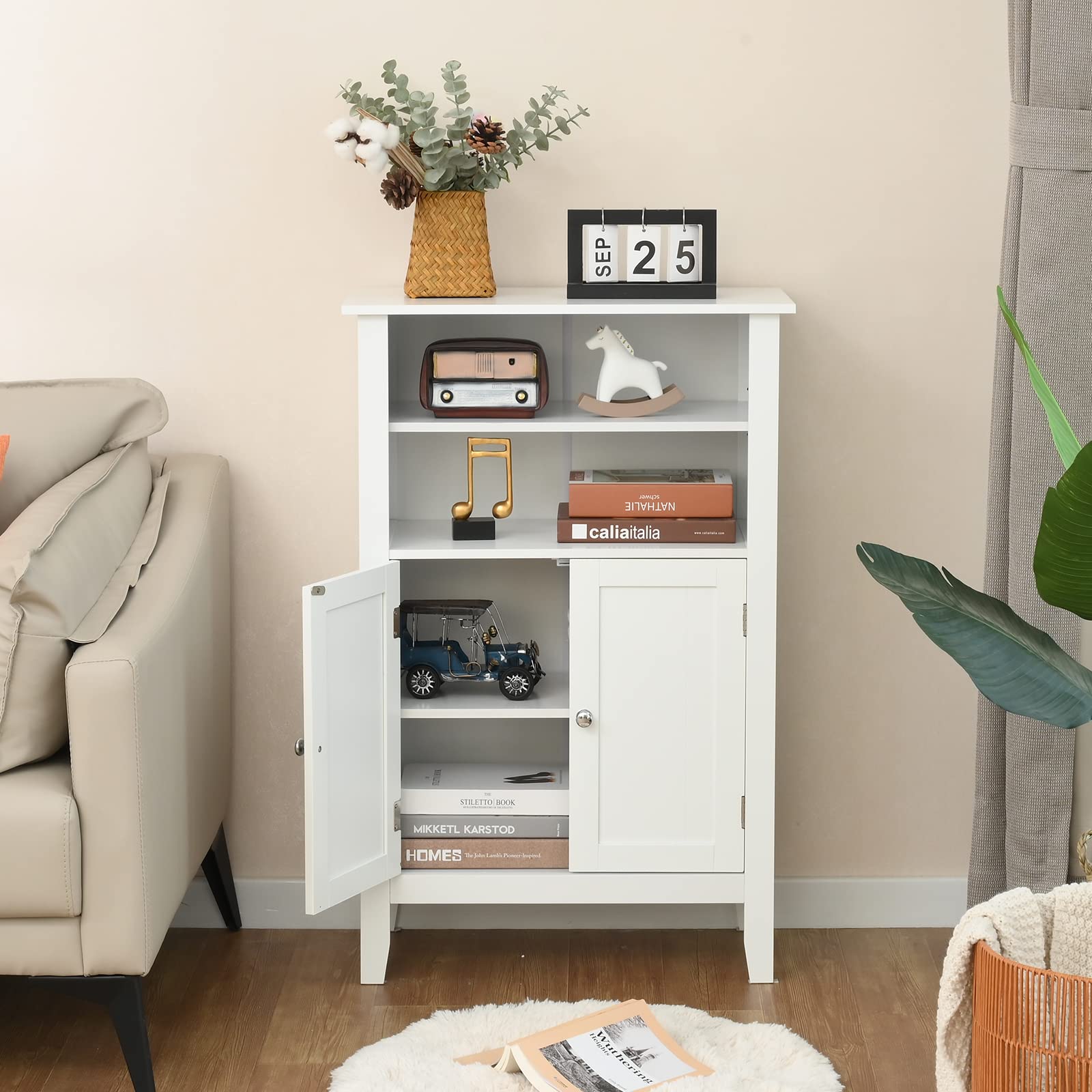 Iwell White Storage Cabinet with 2 Adjustable Shelves, 6 Adjustable Heights, Free Standing Wooden Organizer with 2 Doors for Bathroom