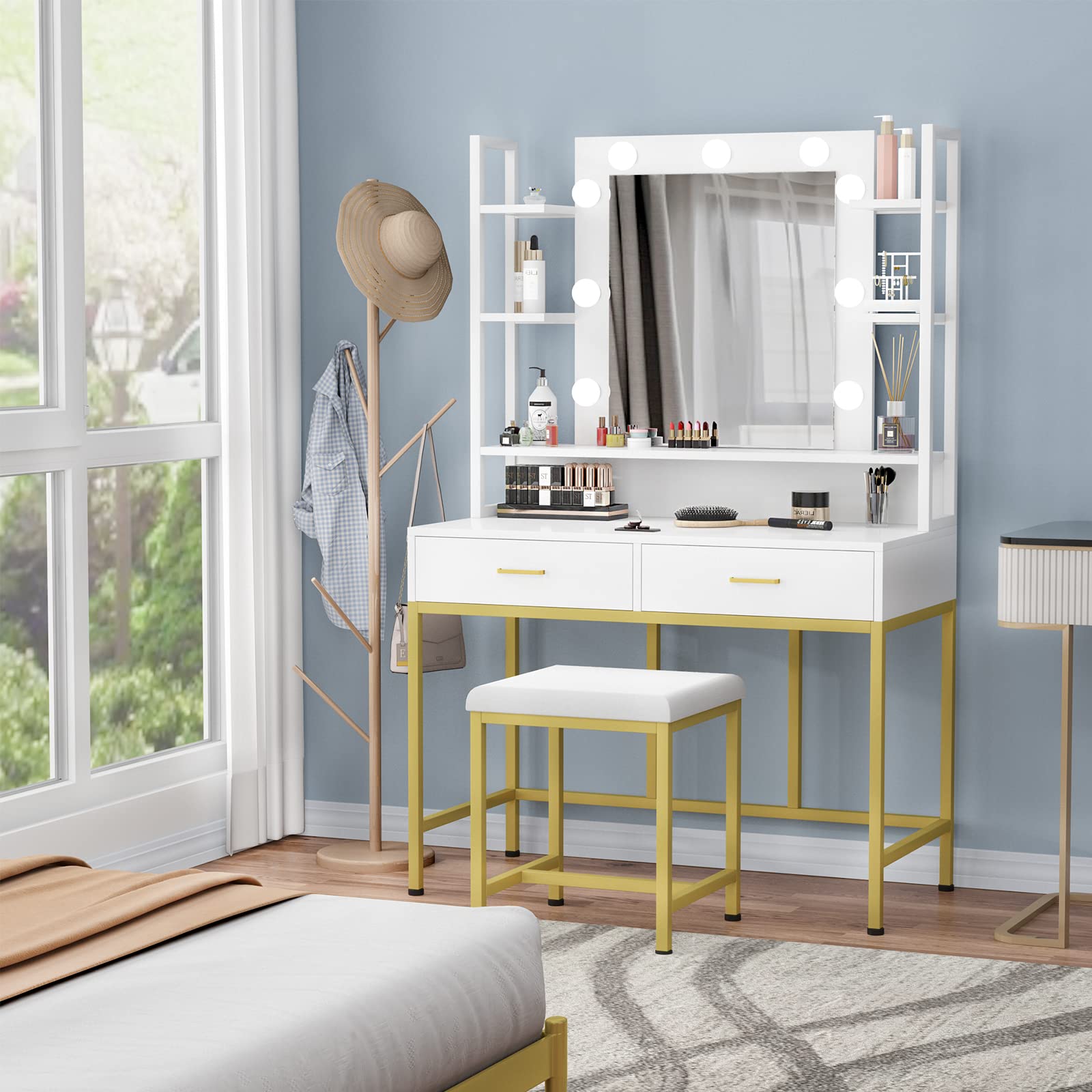 KCRET Vanity Set with Lighted Mirror, Makeup Vanity Dressing Table with LED Light & 2 Drawer, Storage Shelves and Cushioned Stool for Bedroom