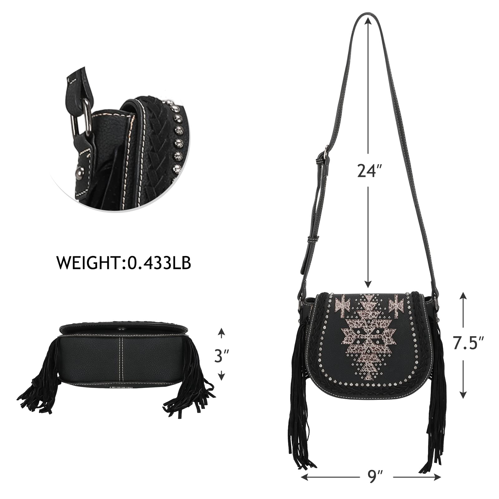 Montana West Aztec Collection Crossbody Purses for Women Western Purses Large Shoulder Bag with Tassel MW1128-8360BK