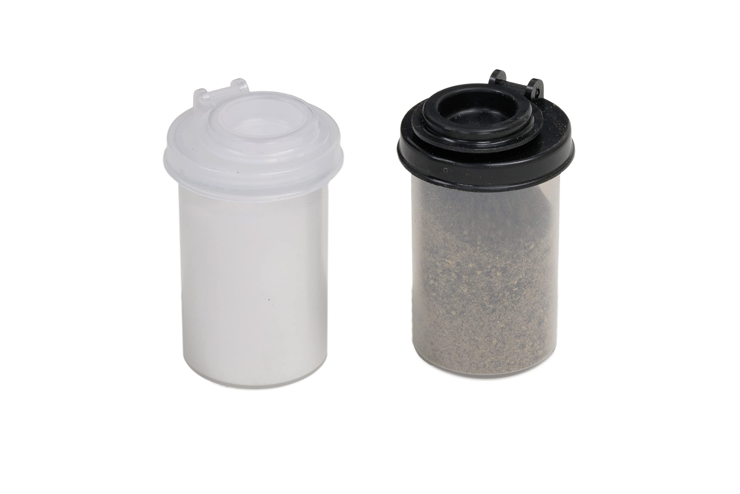 Salt and Pepper Shakers Moisture Proof, Perfect for Camping Picnic Outdoors Kitchen Lunch Boxes Travel Spice Set Clear with different color Lids Plastic Airtight Spice Jar Dispenser (2, Small)