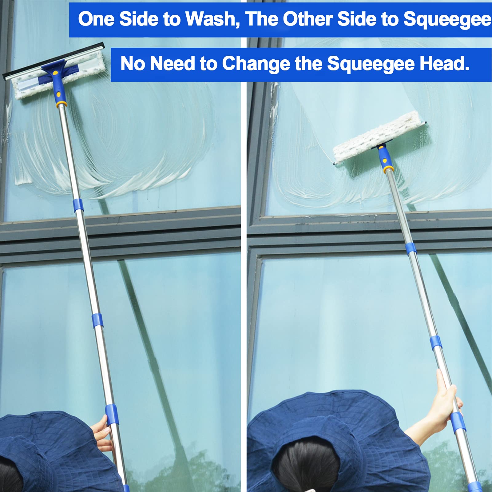 ITTAHO 53" Squeegee Window Cleaner, 2 in 1 Squeegee for Window Cleaning Tool Kit with Extension Pole, Window Cleaning Squeegee Kit for Shower Glass,Indoor,Outdoor High Window Cleaning-Two Pads