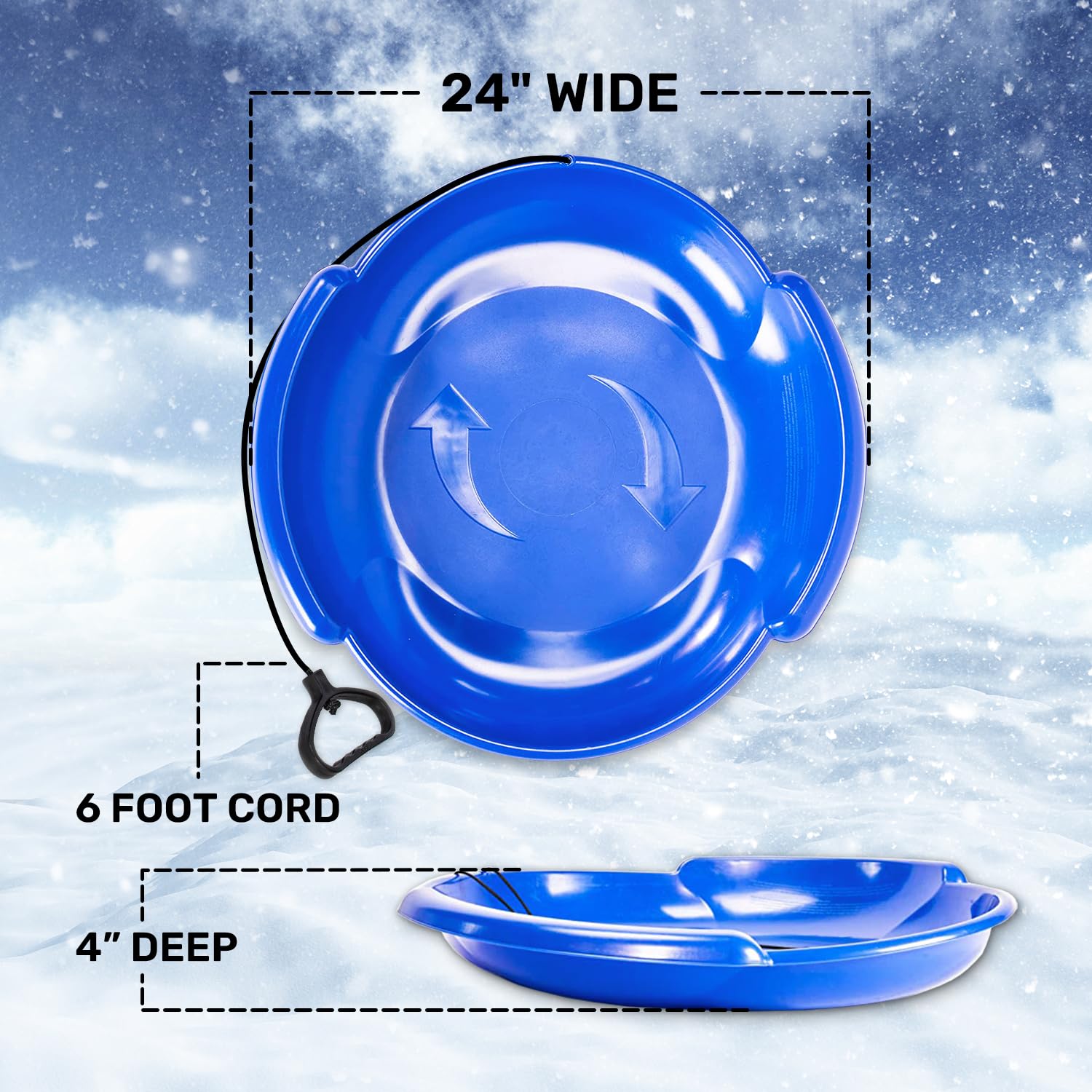 Plastic Saucer Sled with Pull Cord 2 Pieces – Snow Disc for Sledding – Round Snow Sled for Kids and Adults – Snow and Sand Outdoor Fun