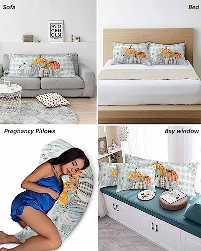 Thanksgiving Pillow Covers Standard Size Set of 2 Bed Pillow, Farmhouse Teal Plaid Fall Pumpkin Maple Leaves Plush Soft Comfort for Hair/ Skin Cooling Pillowcases with Envelop Closure 20''x26''