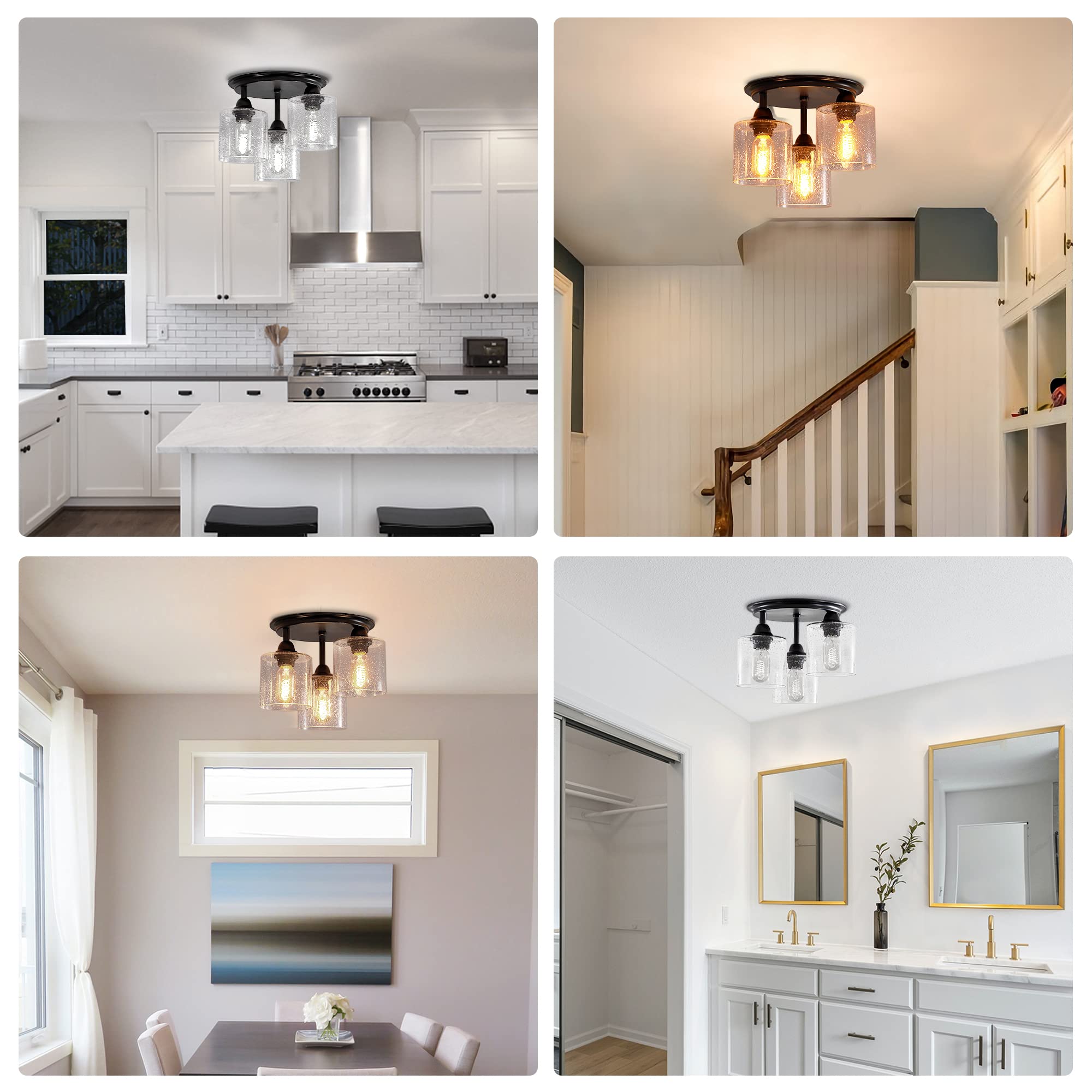 LEDIARY Semi Flush Mount Ceiling Light, 3-Light Industrial Black Matte Light Fixtures Ceiling Mount, Hallway Light Fixtures with Clear Seeded Glass Shades for Kitchen, Entryway, Bedroom, Foyer