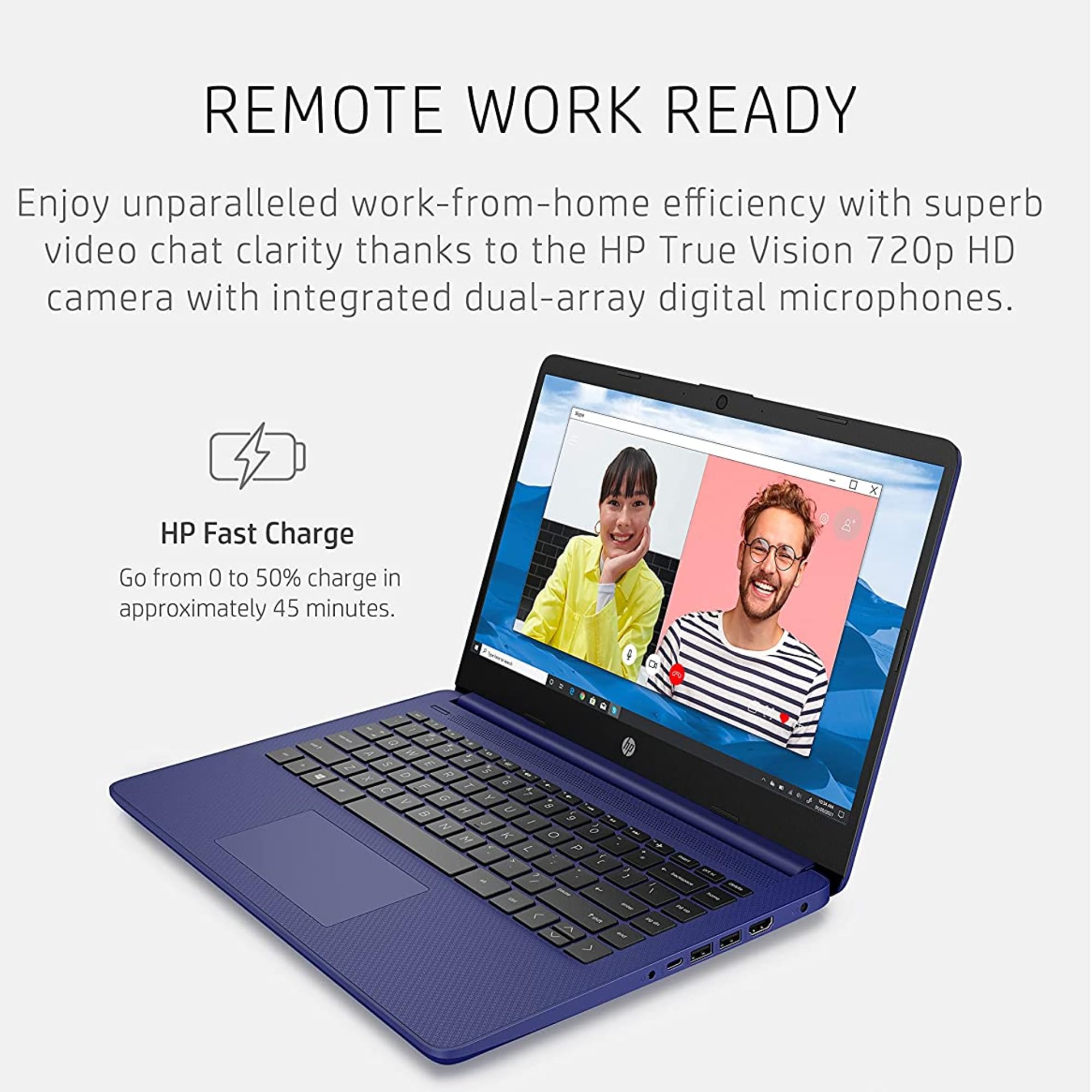 hp Stream Laptop, 14" HD Display, Intel Celeron N4020 Processor, 8GB Memory, 128GB Storage (64GB eMMC + 64GB card), 1-Year Office 365, Webcam, HDMI, Wi-Fi, USB-C, Windows 11 Home, Indigo Blue, JVQ MP