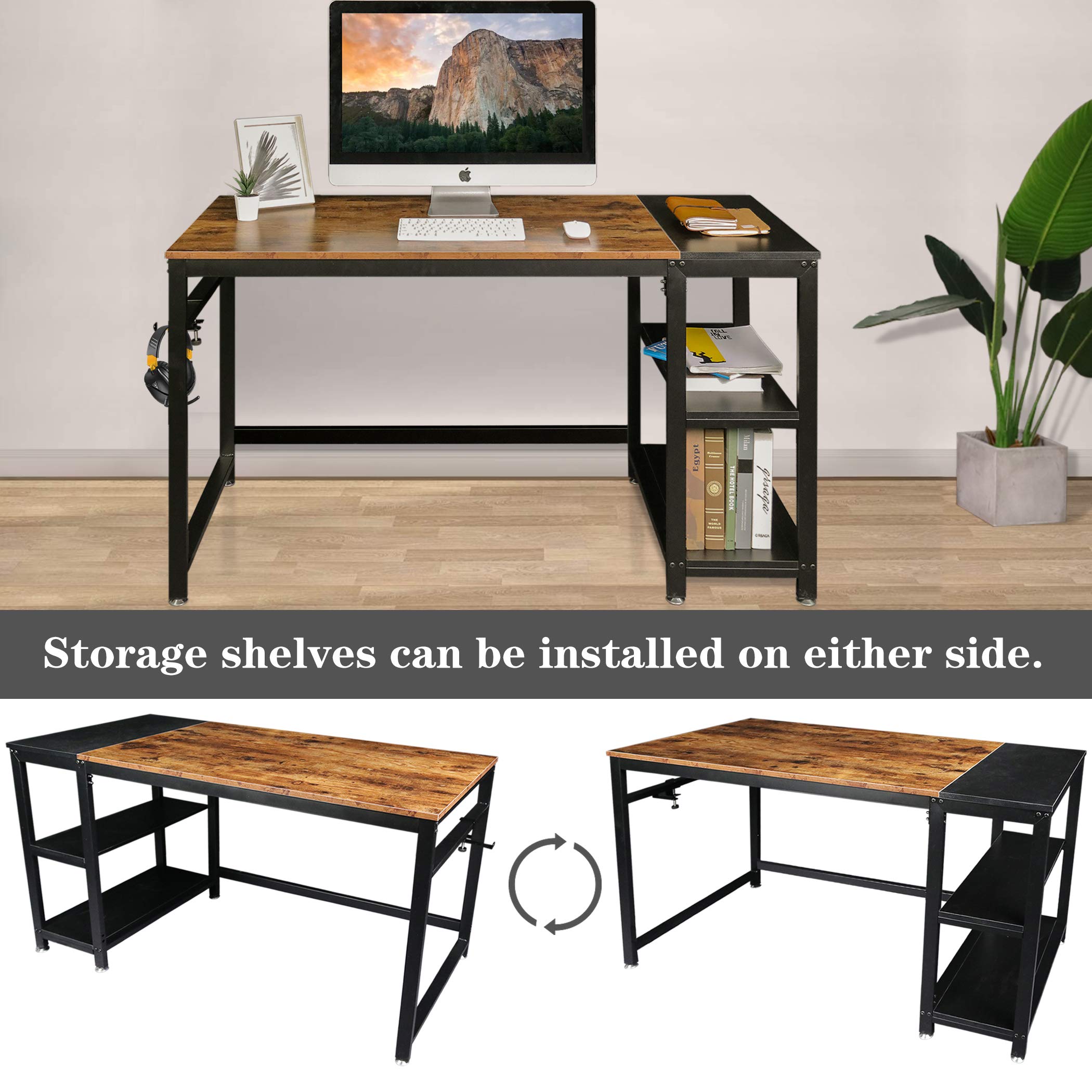 LAVIEVERT 55 inch Computer Desk with Splice Board, Modern Simple Style PC Desk with 2 Storage Shelves, Study Writing Table Multipurpose Workstation for Home Office - Rustic Brown/Black