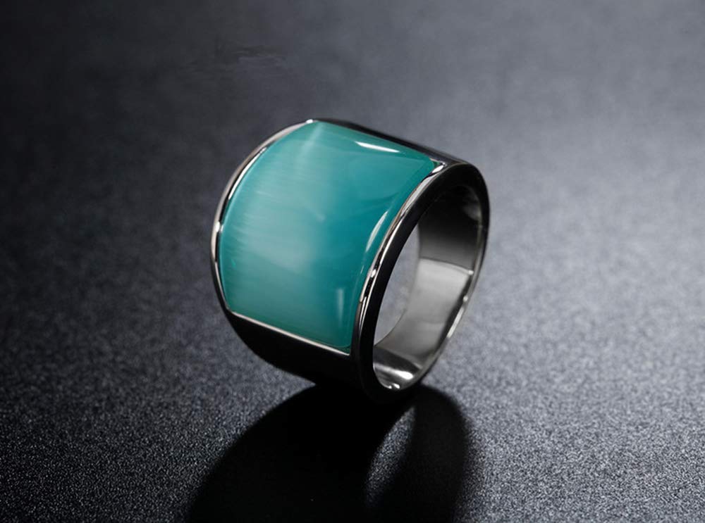 HIJONES Mens Womens Stainless Steel Big Agate Stone Crystal Ring Silver Light Green Size 12