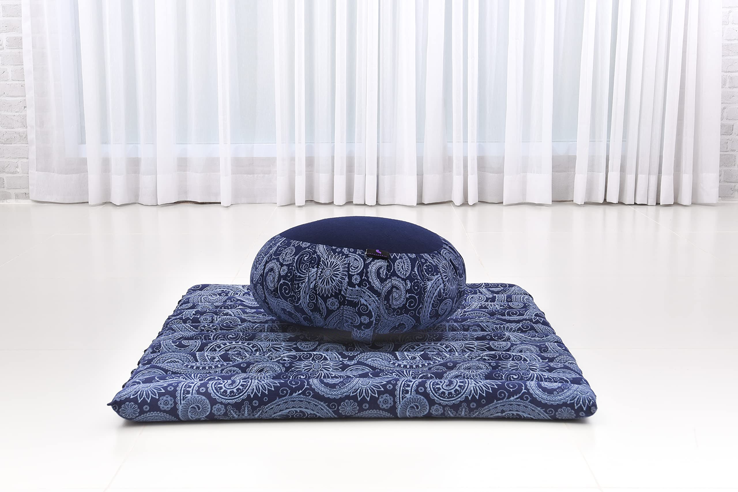 Leewadee Meditation Cushion Set β 1 Round Zafu Meditation Pillow and 1 Square Roll-Up Zabuton Meditation Mat, Pillows Bundle Filled with Eco-Friendly Kapok, Blue White