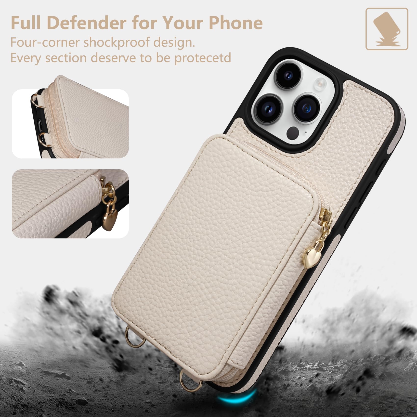 Keallce Compatible with iPhone 15 Pro Max 6.7 inch Case Wallet, Crossbody Zipper with RFID Blocking Card Slots Kickstand, Lanyard & Handstrap Flip Leather Cover for iPhone 15 Pro Max 2023, Beige