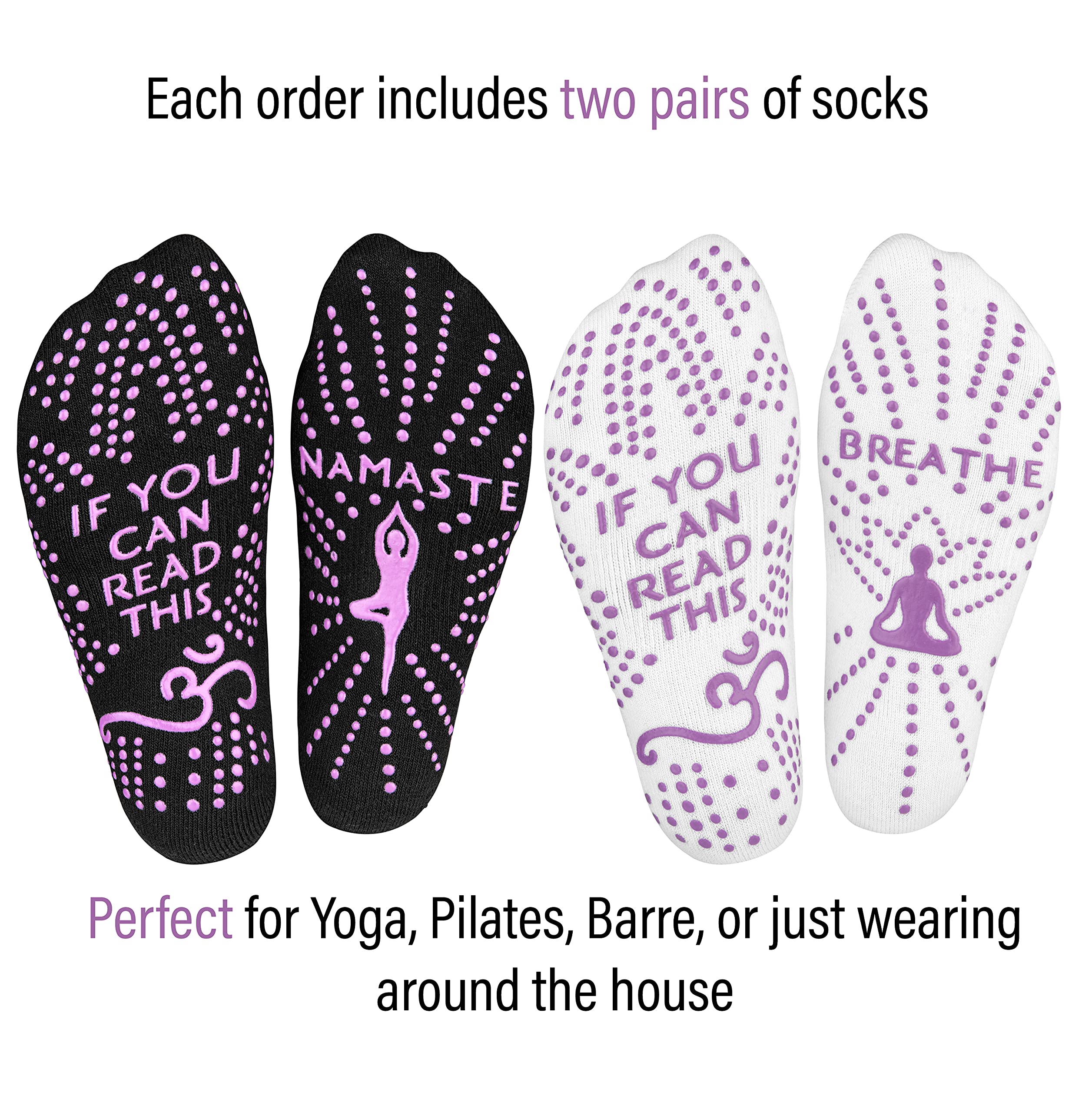 Lavley Yoga Socks for Women with non slip grip Namaste, Breathe, and Sloth Designs (2 Pack - Breathe + Namaste)