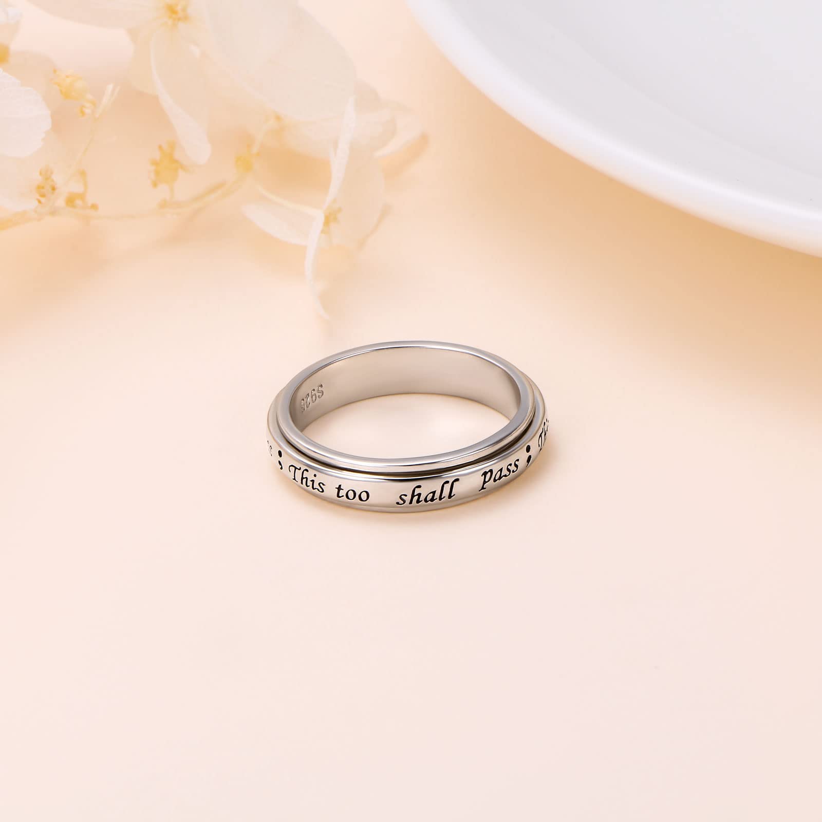 Ladytree Semicolon Anxiety Relieve Spinner Rings Sterling Silver This Too Shall Pass Fidget Ring ADHD Stress Relieving Ring Size 7
