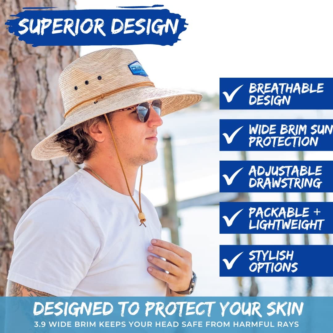 Qwave Packable Straw Hat, Lifeguard Hat for Men and Women, Stone Washed Beach Straw Hat, Protection from Summer Sun Hat - American Flag Surfboard