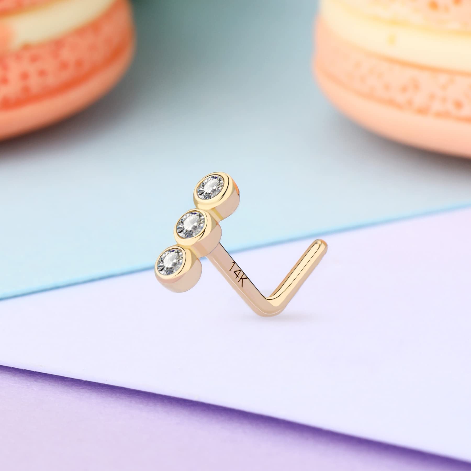 MeIighting 14K Gold Nose Stud L Shaped Nose Ring 20G with Round Cubic Zirconia Nose Piercing Jewelry for Women Men Real Gold