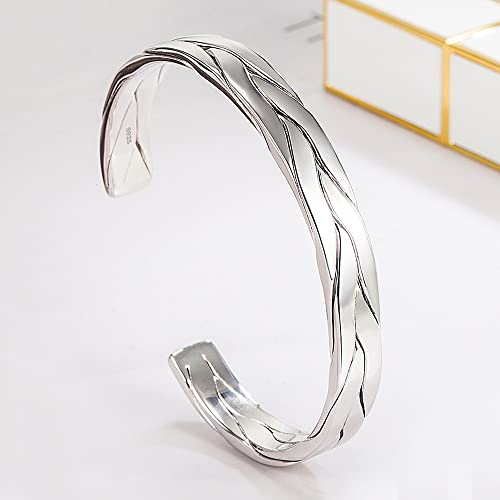 Meilanduo 925 Sterling Silver Couples Bangle Bracelet, Simple Dainty Twisted Braided Open Cuff Bracelet for Women Men (Width 9.3mm, Adjustable)