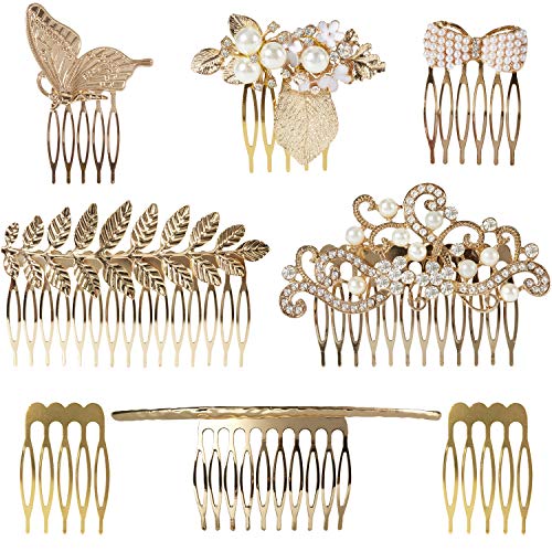 Lawie 8 Pack Large Gold Crystal Pearl Rhinestone Metal Hair Side Combs Clip With Teeth Grip Clasp Barrettes Pins for Women Bridal Wedding Veil Decorative Headpiece French Twist Vintage Accessories