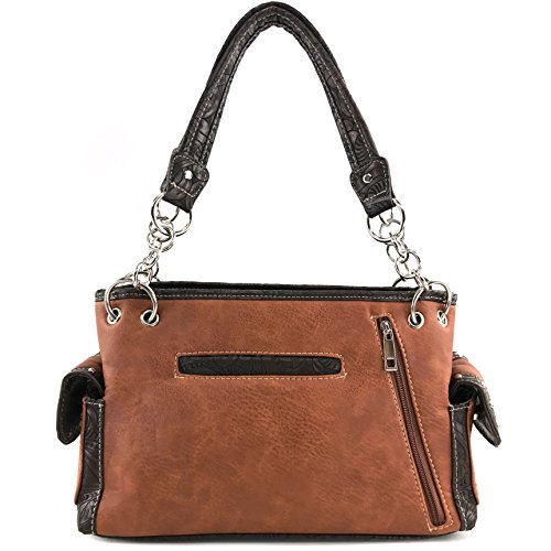 Justin West Floral Tooled Embroidered Western Turquoise Stone Cross Conceal Carry Handbag Purse (Brown Handbag Wallet Set)