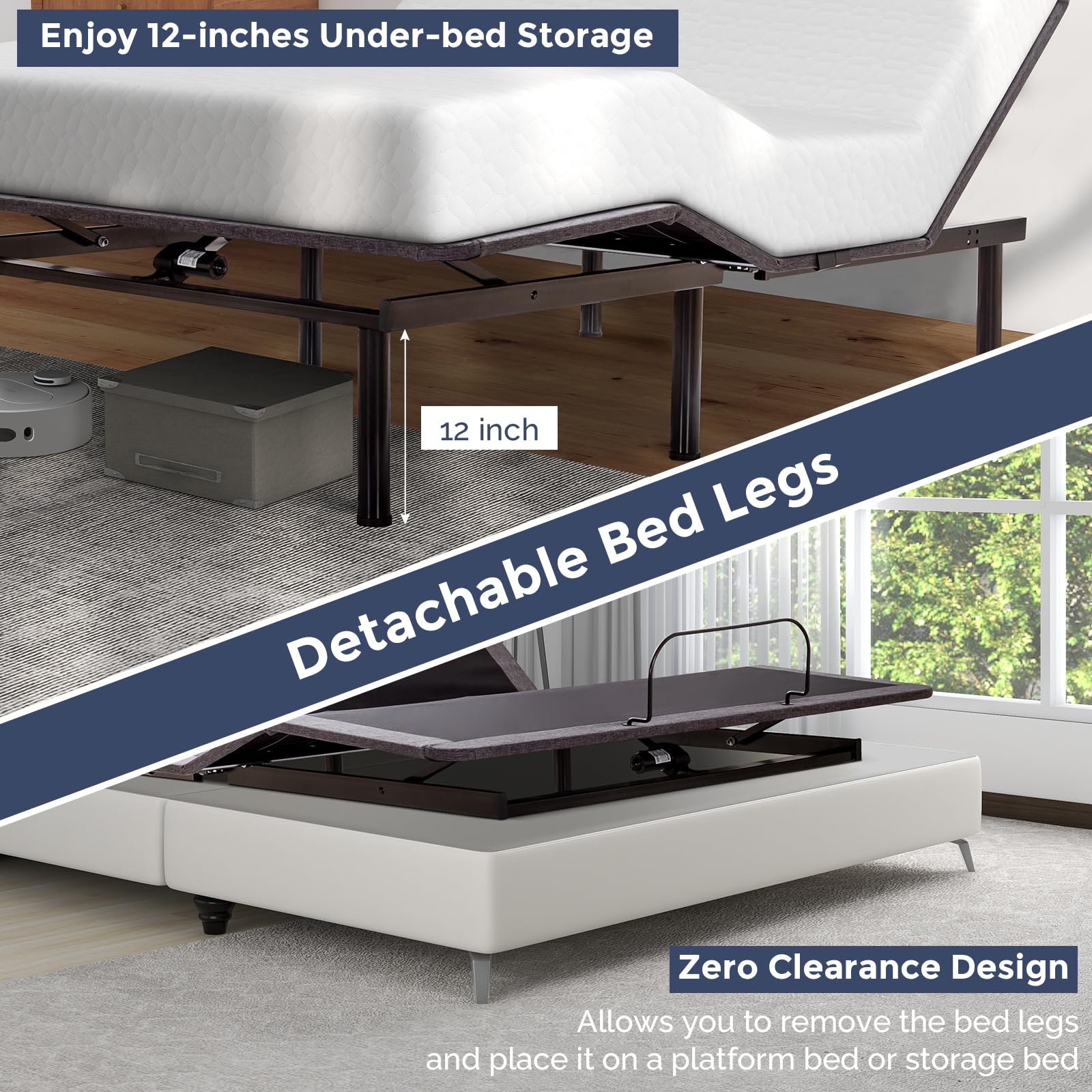 IULULU Adjustable Bed Frame, Queen Adjustable Bed Base with Wireless Remote, Adjustable Leg Height, Zero Gravity, Independent Head and Foot Incline, Easy Tool Free Assembly