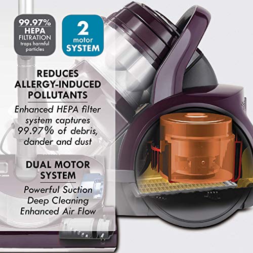 Kenmore Friendly Lightweight Bagless Compact Canister Vacuum, HEPA, Extended Telescoping Wand, Retractable Cord and 2 Cleaning Tools, Pet PowerMate + 2 Motor Power, Purple