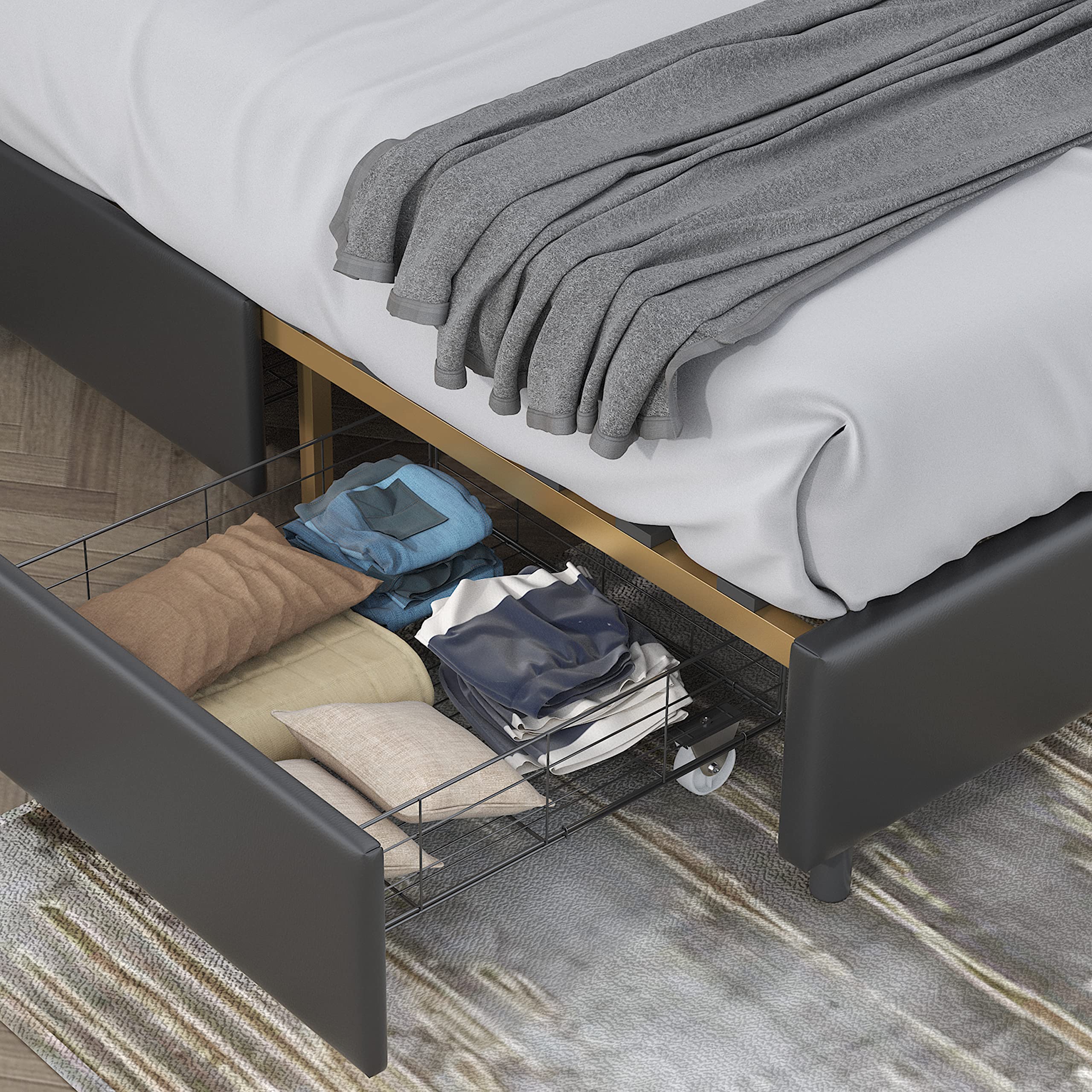 IULULU King Bed Frame, Upholstered Platform Bed Frame with with 4 Storage Drawers and Faux Leather Headboard, King Size Mattress Foundation with Wooden Slats Support, No Box Spring Needed, Black