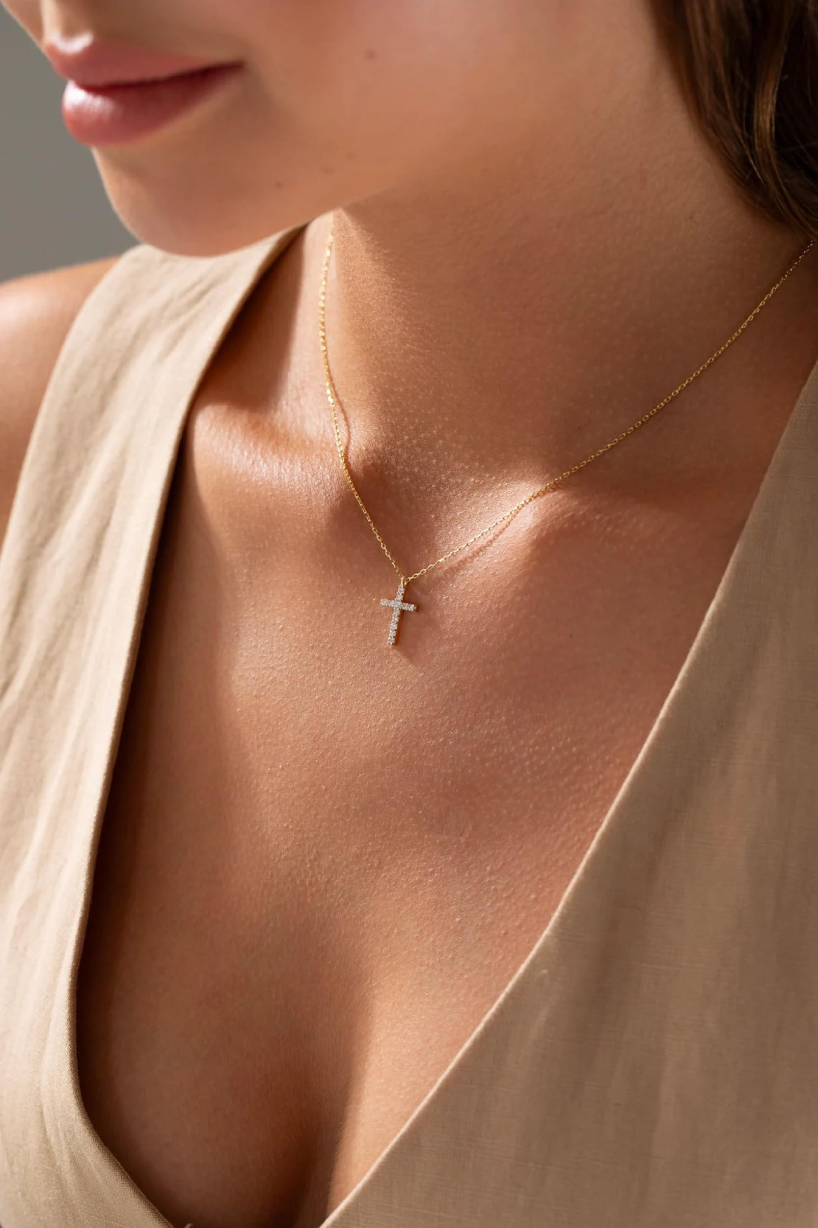 Pencros Gold Sideways Cross 18K Gold Filled Horizontal Small Cross Pendant Religious Jewelry for Women