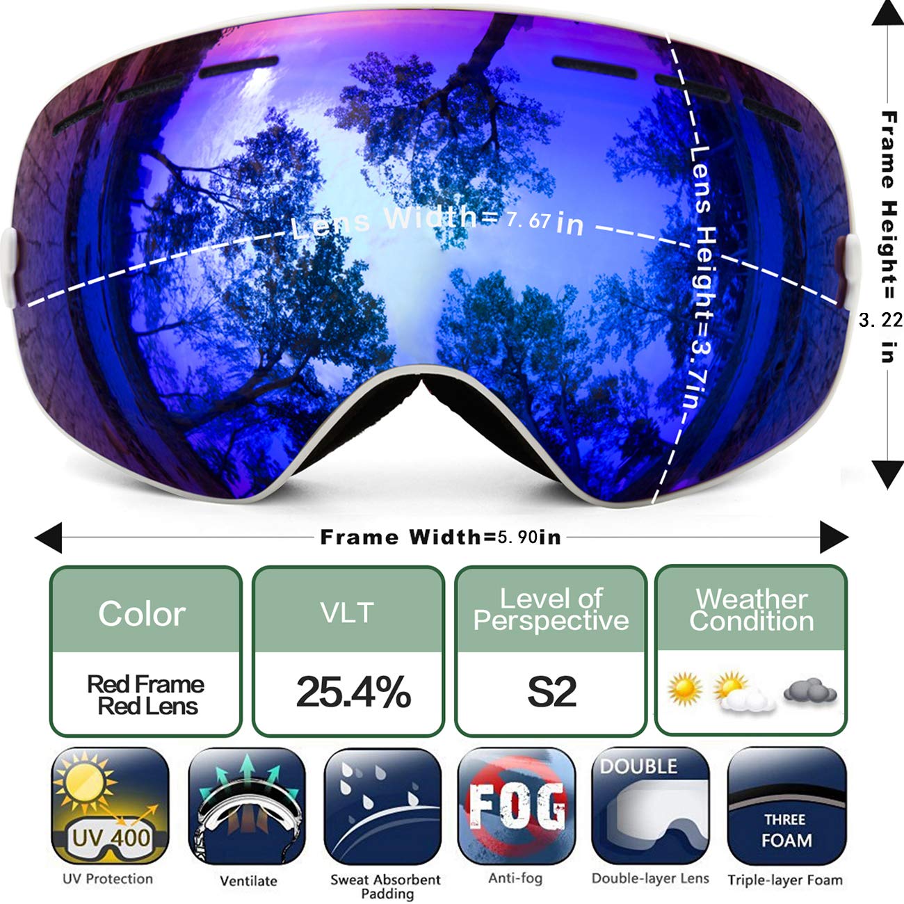 JULI Kids Ski Goggles,Interchangeable Double Layer Spherical Lens,OTG Anti-Fog Snowboard Skate Snow Goggles Age 4-16 4300(White/Blue)