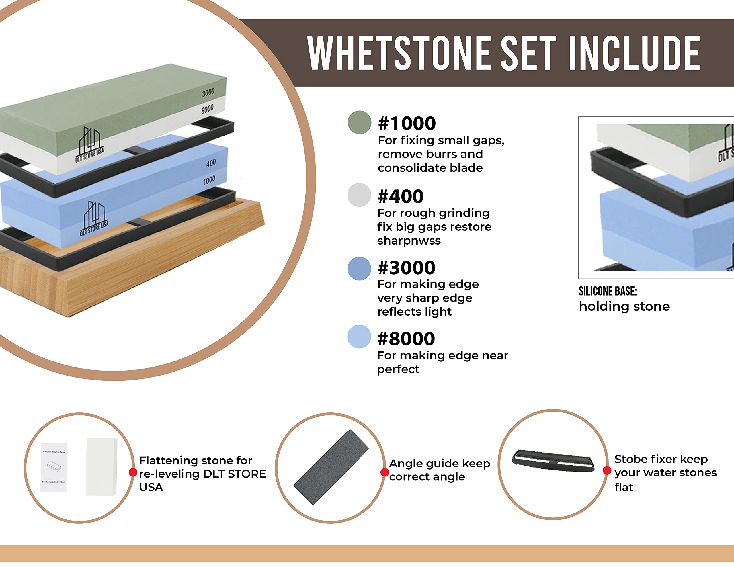 Knife Sharpening Stone Kit, DLT Store USA Professional Whetstone Sharpener Stone Set, Premium 2 Side Grit 400/1000 3000/8000 Water Stone, Flattening Stone, Non Slip Bamboo Base & Angle Guide