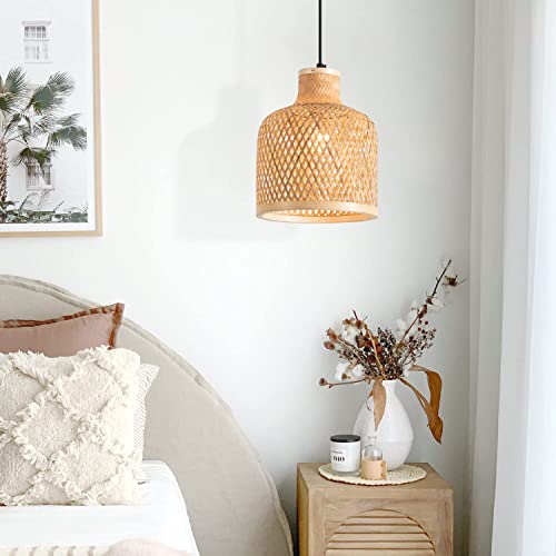 Modern Bamboo Woven Pendant Light Set of 2, Coastal Bamboo Wicker Dome Pendant Lighting Fixture for Kitchen Dining Room Living Room Foyer