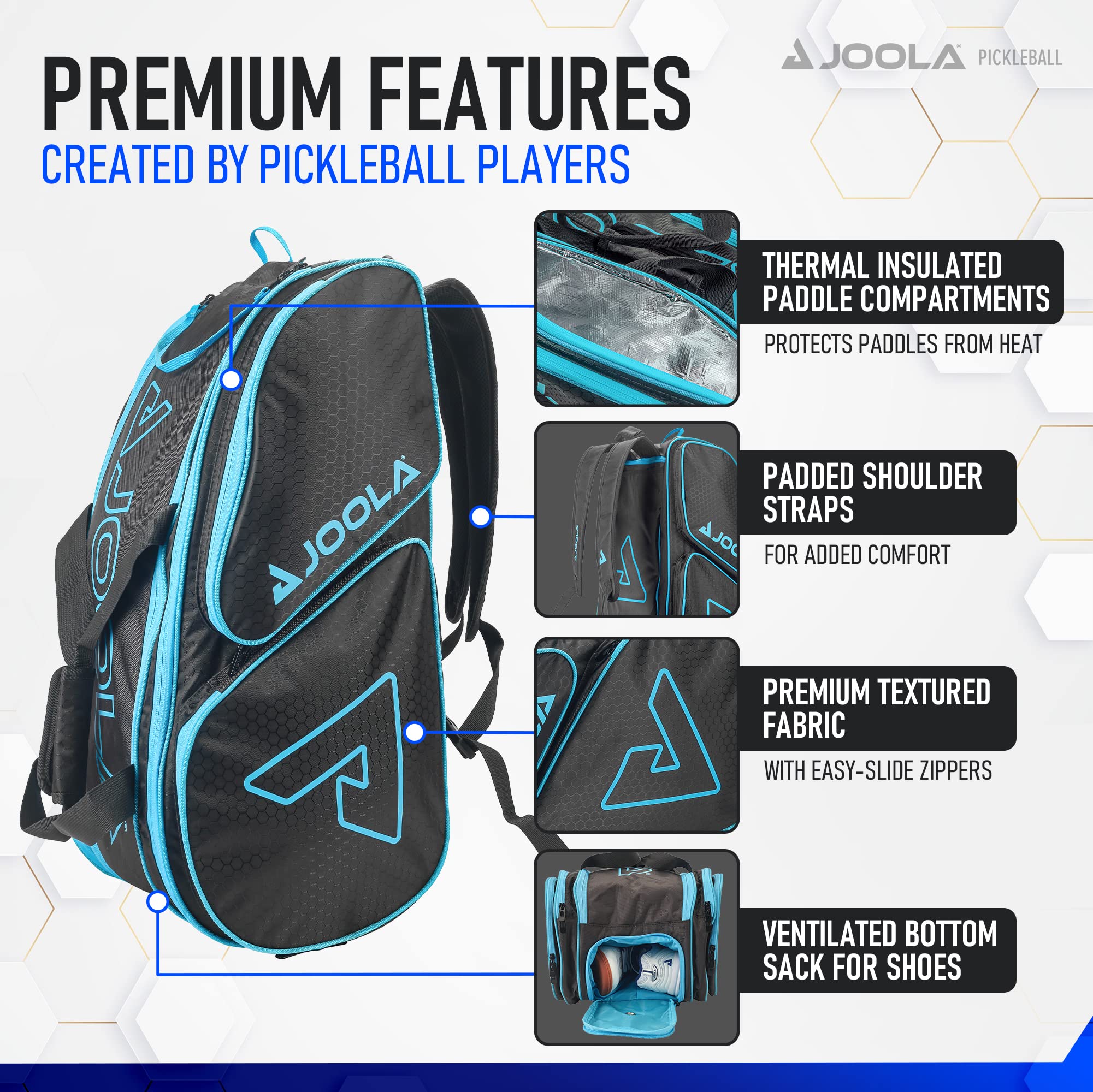 JOOLA Tour Elite Pickleball Bag β Backpack & Duffle Bag for Paddles & Pickleball Accessories β Thermal Insulated Pockets Hold 4+ Paddles - Includes Fence Hook Black/Light Blue
