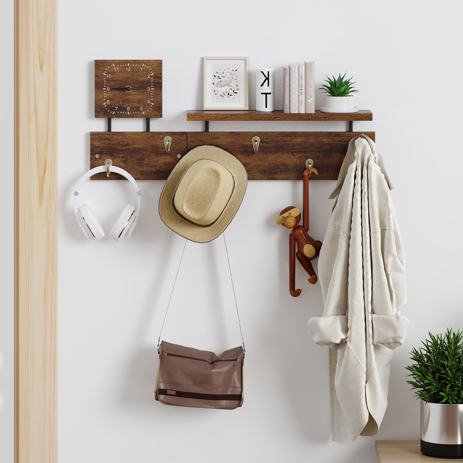 X-cosrack Coat Rack Wall Mount, Wooden Wall Mounted Storage Rack with Clock and 6 Hooks,Hanging Coat Rack with Shelf for Entryway, Bathroom, Living Room, Bedroom