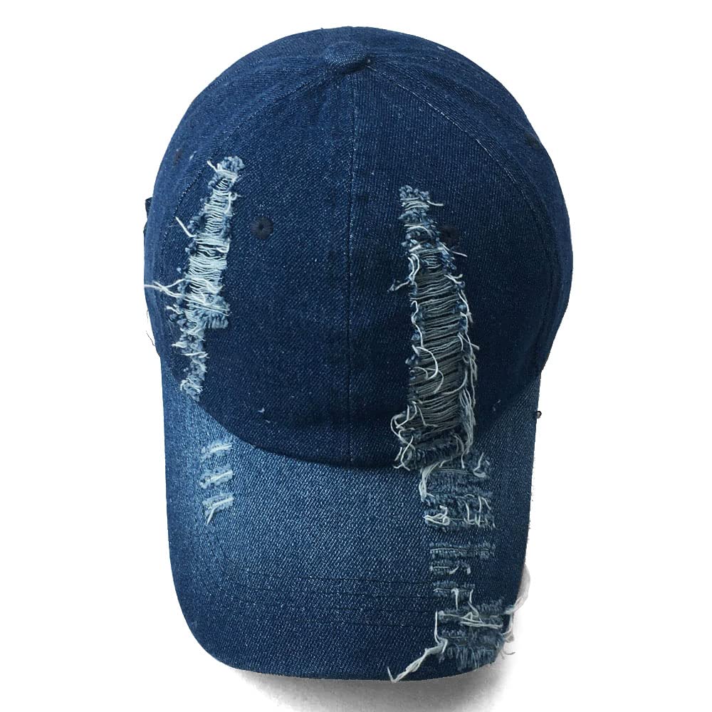 Kangqifen Unisex Ripped Distressed Denim Baseball Cap Trucker Hat Adjustable Navy Blue
