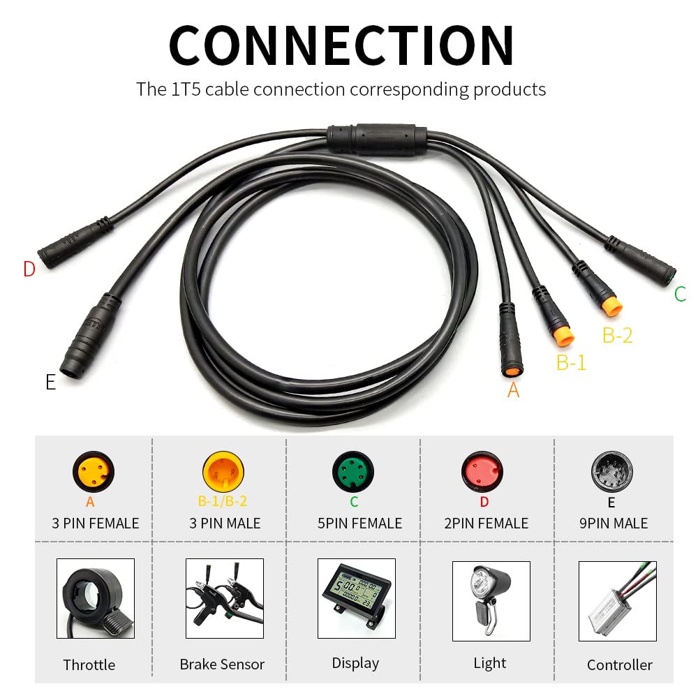 HUDAMZKY Electric Bike 1T4 1T5 Waterproof Cable Controller Light Ebrake Throttle Display E-Bike Cable Conversion Accessories(1T5)