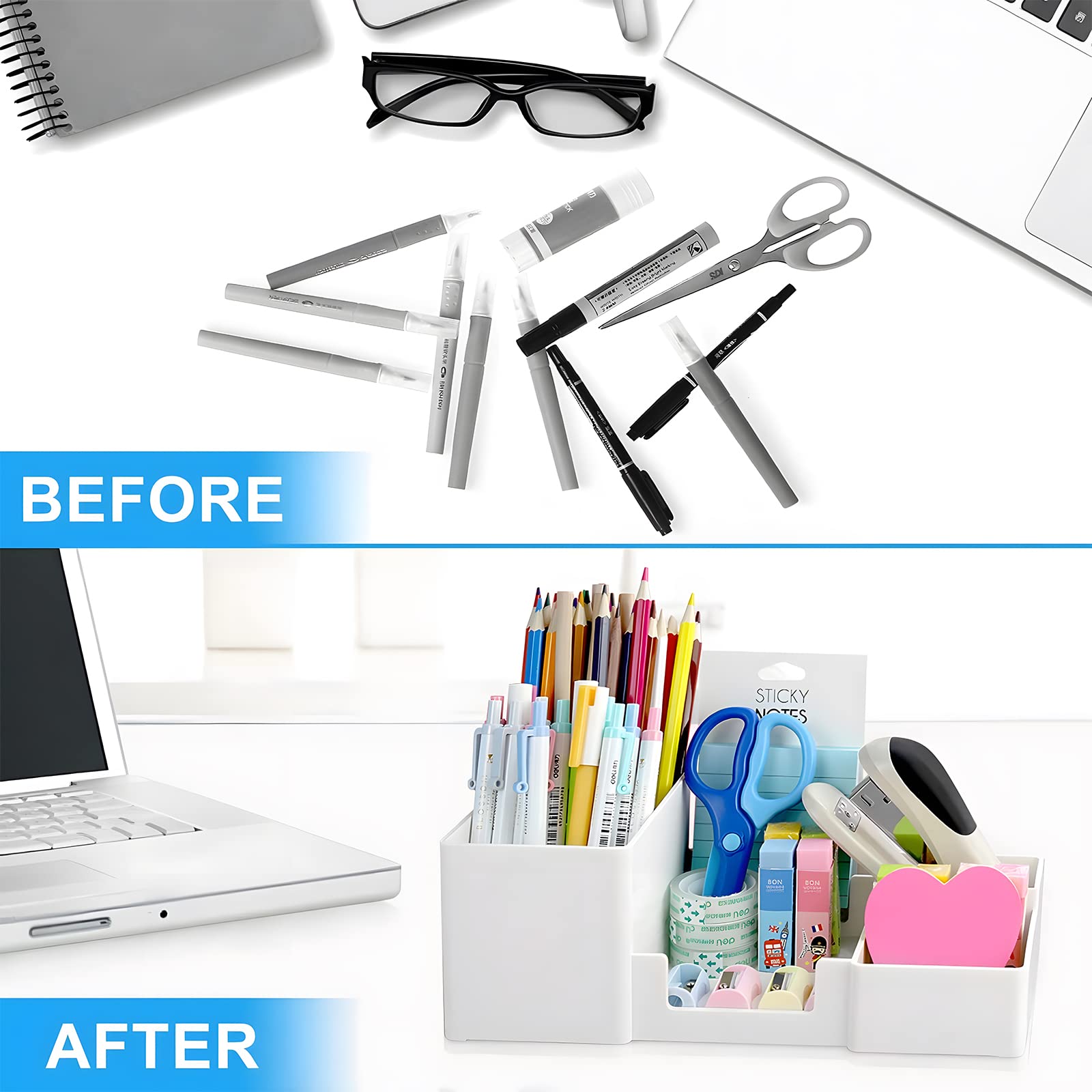 JUPELI Desk Organizer, Desktop Organizer with Pencil Holders, Sticky Note Tray, Paperclip Storage and Office Accessories Caddy, Office Stationery Supplies Organizers, 6 Compartments, White
