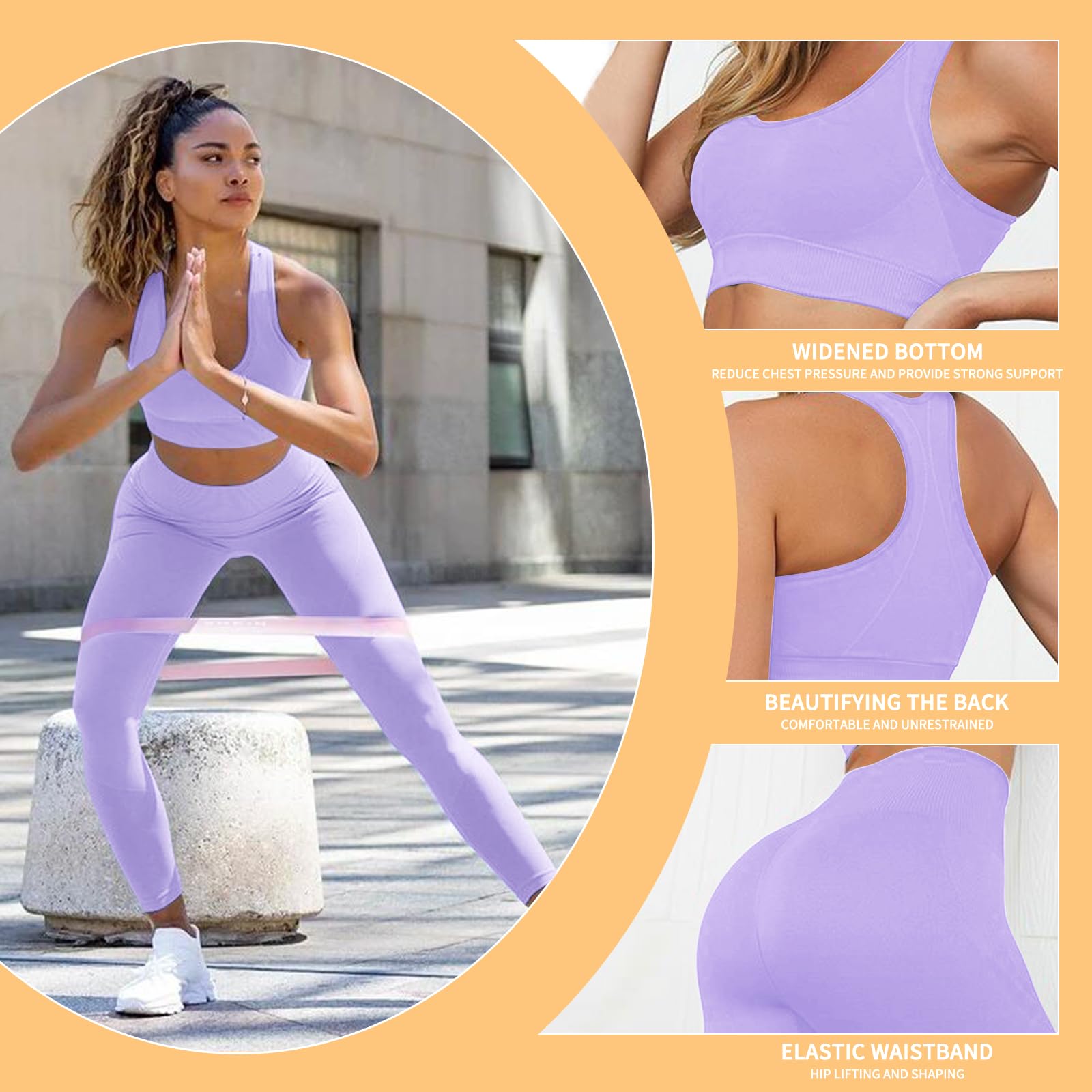 LUBERASU Women's 2 Piece Workout Sets High Waisted Seamless Leggings with Padded Sports Bra Sets(Purple,S)