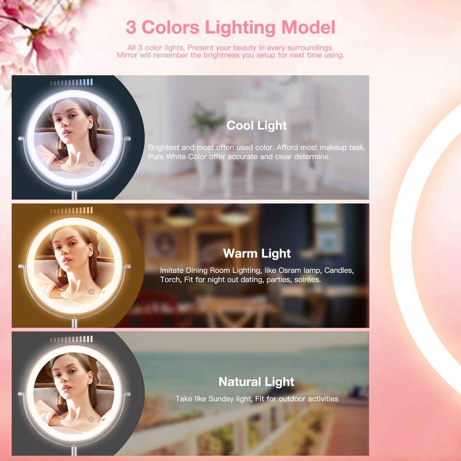 KDKD Lighted Makeup Mirror 7X Magnifying Swivel Vanity Mirror with 72 LED Lights 3 Color Modes, 8 Inch Round Tabletop Standing Polished Chrome Finished Cosmetic Mirror Rechargeable.
