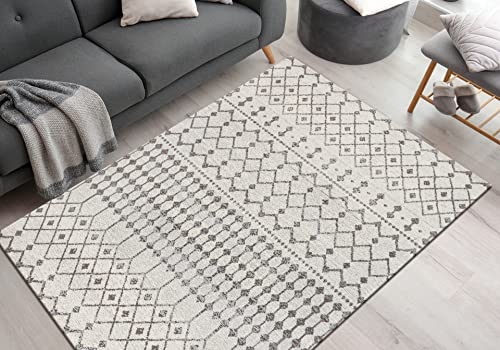 THE BEER VALLEY Area Rug 5x7 Feet Modern Neutral Carpet for Living Room, Bedroom, Kitchen - Moroccan Boho Indoor Non Shedding Area Rugs - Off White/Grey